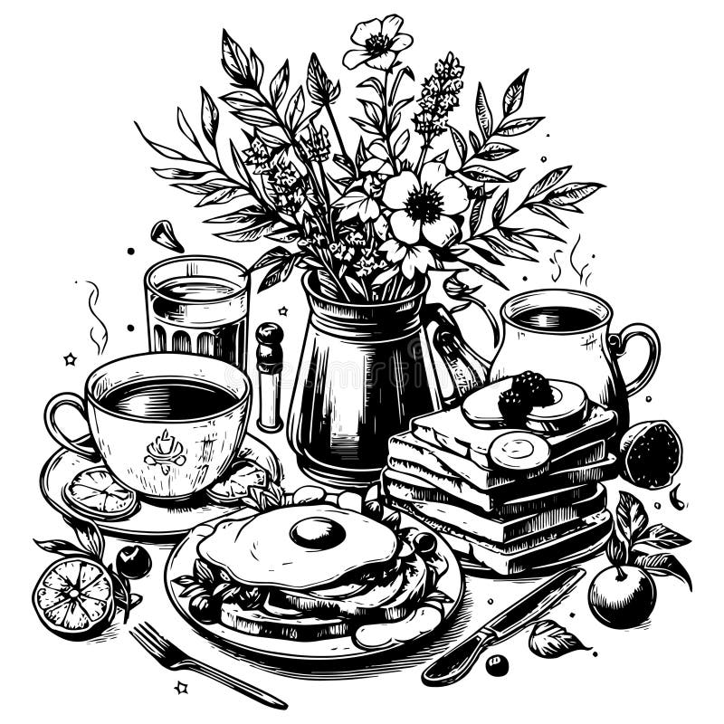Classic Breakfast Table Engraving Vector Stock Vector - Illustration of ...