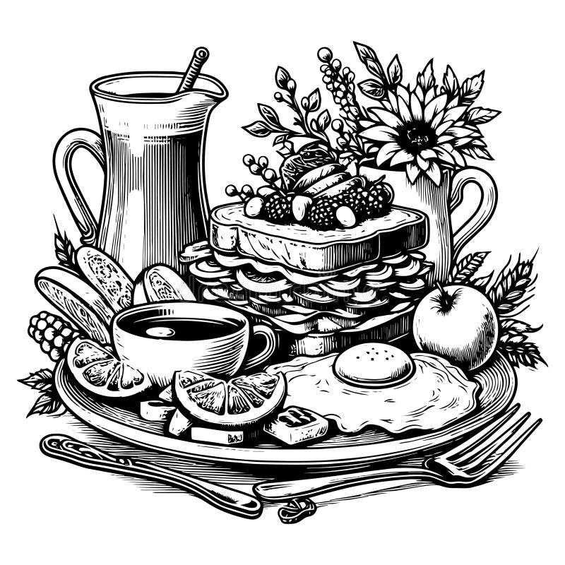 Classic Breakfast Table Engraving Vector Stock Vector - Illustration of ...