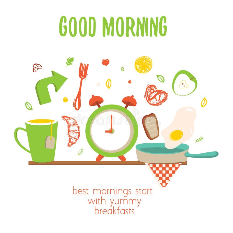 Breakfast Table Front View with Fried Egg and Alarm Clock. Stock Vector ...