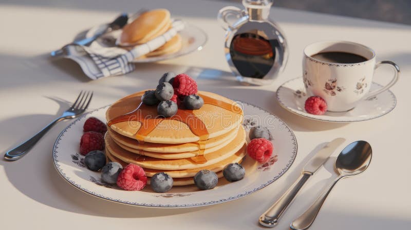 Breakfast Table Pancakes, Berries, Maple Syrup, and a Cup of Coffee ...