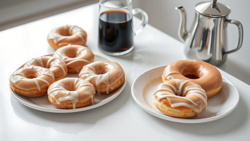 A Breakfast Table with a Platter of Glazed Donuts and a Pot of Black ...