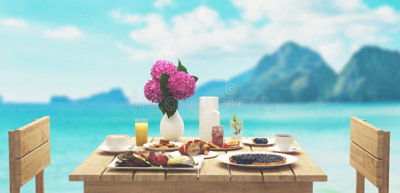 Breakfast on Table with Sea or Ocean View, Render Stock Photo - Image ...
