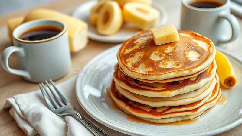 A Breakfast Table with a Stack of Pancakes Sausage Links and Coffee ...