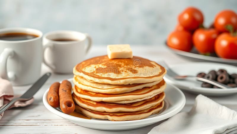 A Breakfast Table with a Stack of Pancakes Sausage Links and Coffee ...