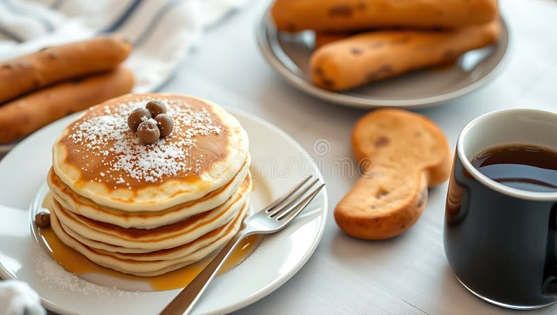 A Breakfast Table with a Stack of Pancakes Sausage Links and Coffee ...