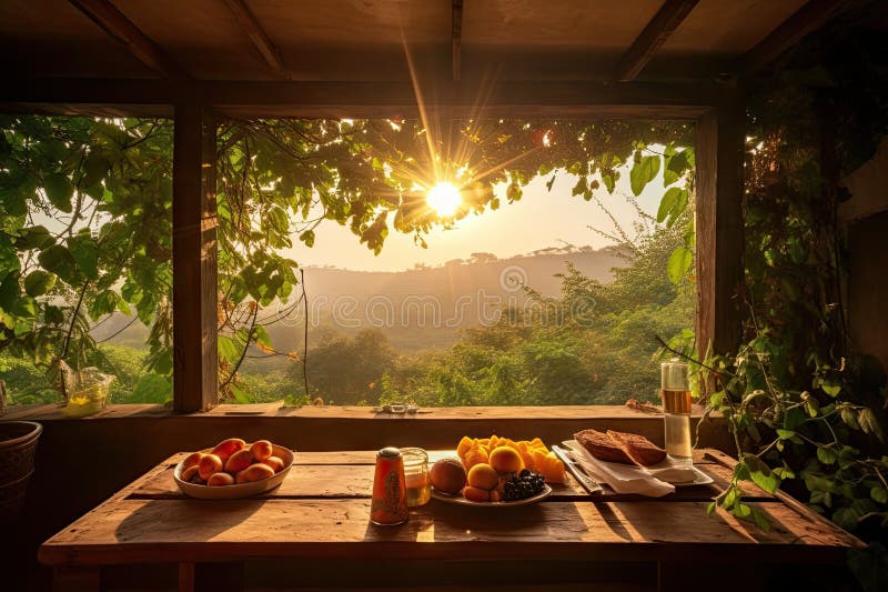 Breakfast Table Surrounded by Greenery, with View of the Sunrise Stock ...