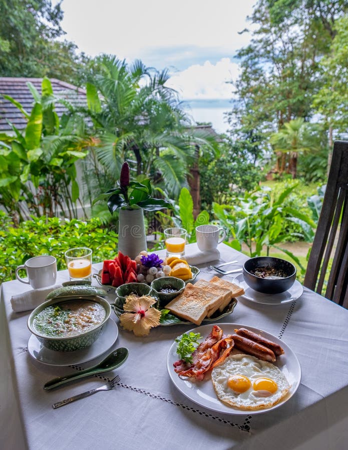 Breakfast Table in a Tropical Garden in Thailand, Breakfast with Thai ...