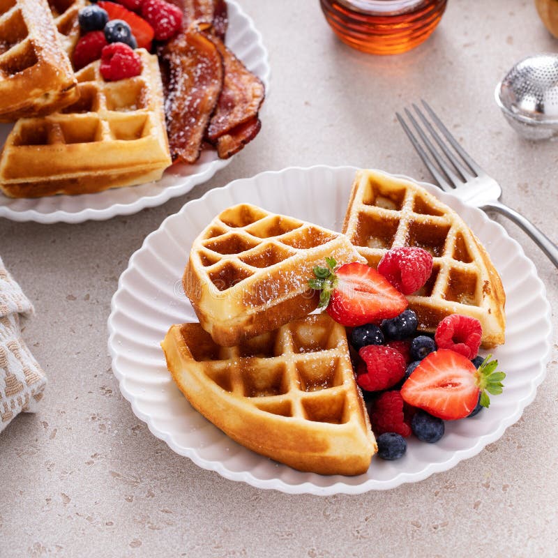 Breakfast Table with Waffles, Berries and Bacon Stock Photo - Image of ...