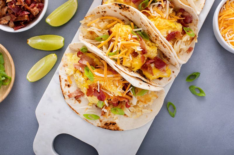 Breakfast Tacos with Hash Browns, Eggs and Bacon Stock Image - Image of ...