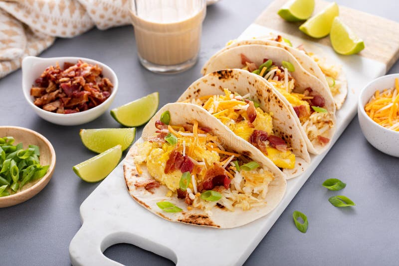Breakfast Tacos with Hash Browns, Eggs and Bacon Stock Image - Image of ...