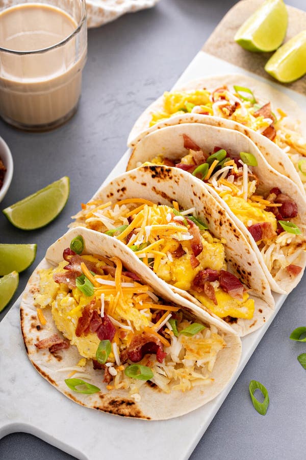 Breakfast Tacos with Hashbrowns, Eggs and Bacon Stock Photo - Image of ...