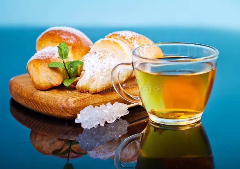 Breakfast with Tea and Fresh Croissants Stock Image - Image of basket ...
