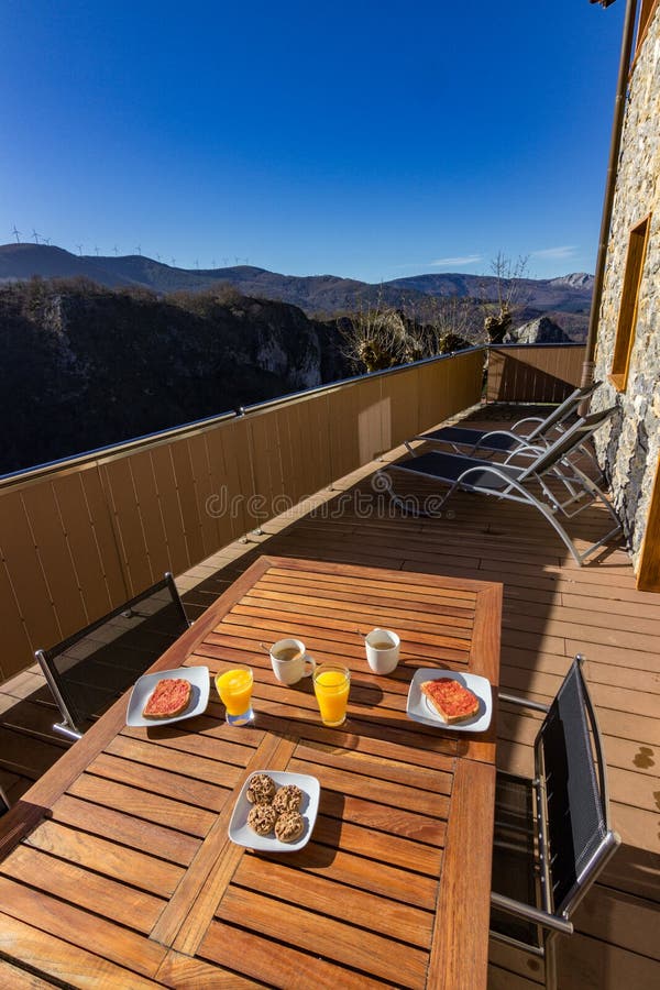 Breakfast in the Terrace with Views of the Mountain Stock Image - Image ...