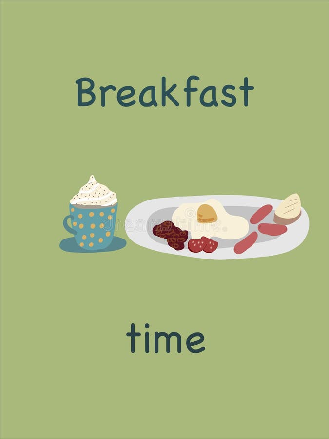 Breakfast Time Coffee and Plate with Fried Egg Sausages Stock Vector ...