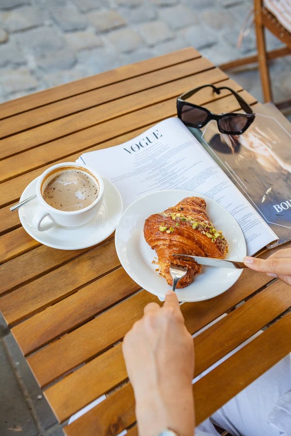 Breakfast Time with Croissant, Coffee, and Magazine Stock Photo - Image ...