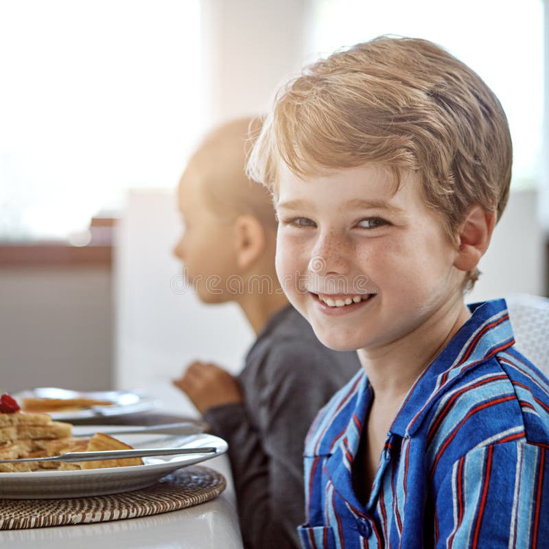 Breakfast Time is the Best. Portrait of a Little Boy Having Breakfast ...