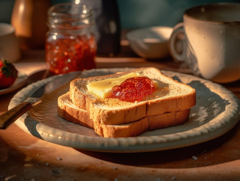 Breakfast Time: Stack of Toasted Bread with Fruit Jam. Close-up View ...