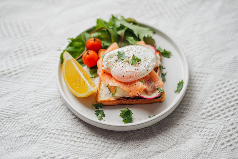 Breakfast Toast, Cucumber, Salmon, Poached Eggs, and Vegetables Stock ...