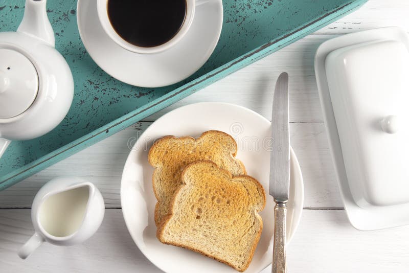 Breakfast of Toast and Hot Coffee on a Tray Stock Photo - Image of wood ...
