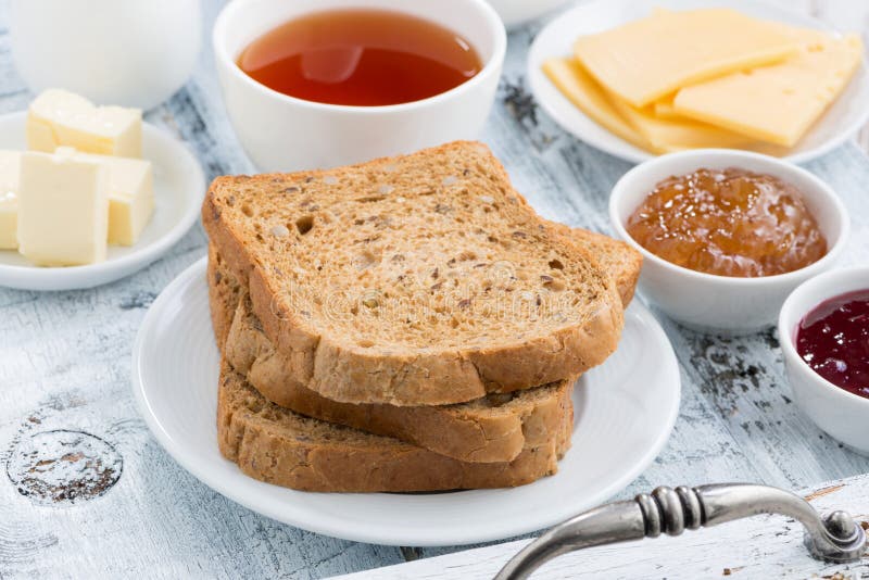 Breakfast with Toast, Jam and Black Tea Stock Image - Image of fresh ...