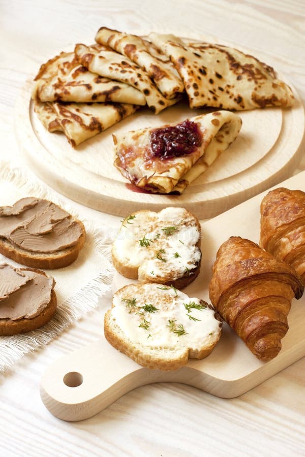 Breakfast with Toast, Pancakes and Croissant Stock Photo - Image of ...