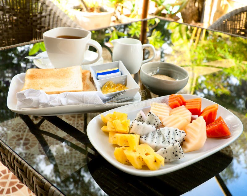 Breakfast with Toasts and Tropical Fruits Stock Photo - Image of dish ...