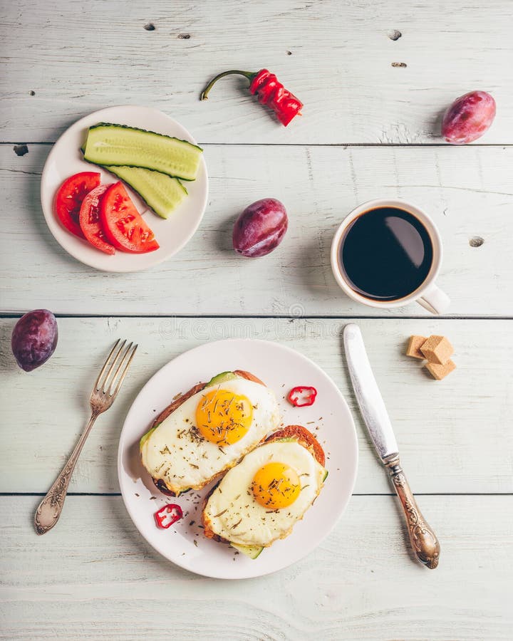 Breakfast Toasts with Vegetables and Fried Egg with Cup of Coffe Stock ...