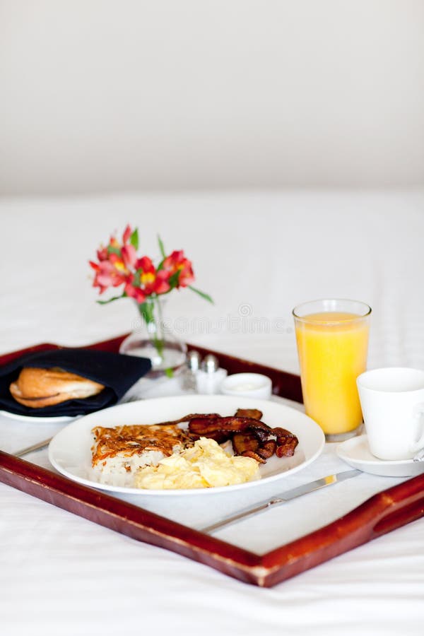 Breakfast Tray Laying on White Bed Stock Photo - Image of bedroom ...