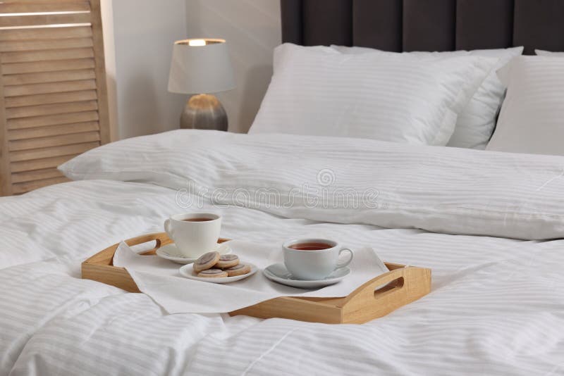 Breakfast Tray on Bed with Beautiful Linens Indoors Stock Image - Image ...