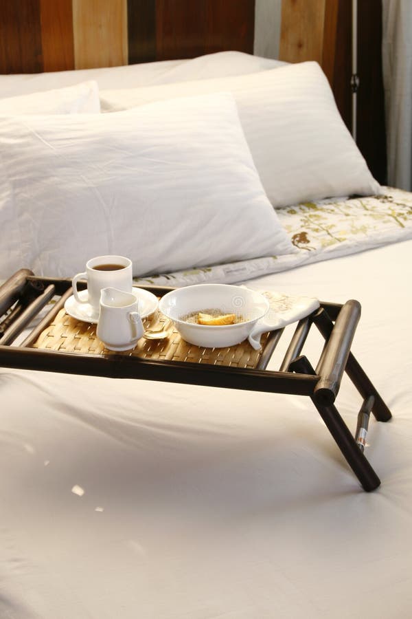 Breakfast Tray on Bed with Clean White Sheets Stock Photo - Image of ...