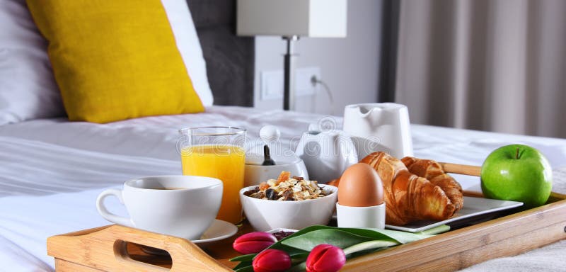 Breakfast on Tray in Bed in Hotel Room Stock Image - Image of honeymoon ...