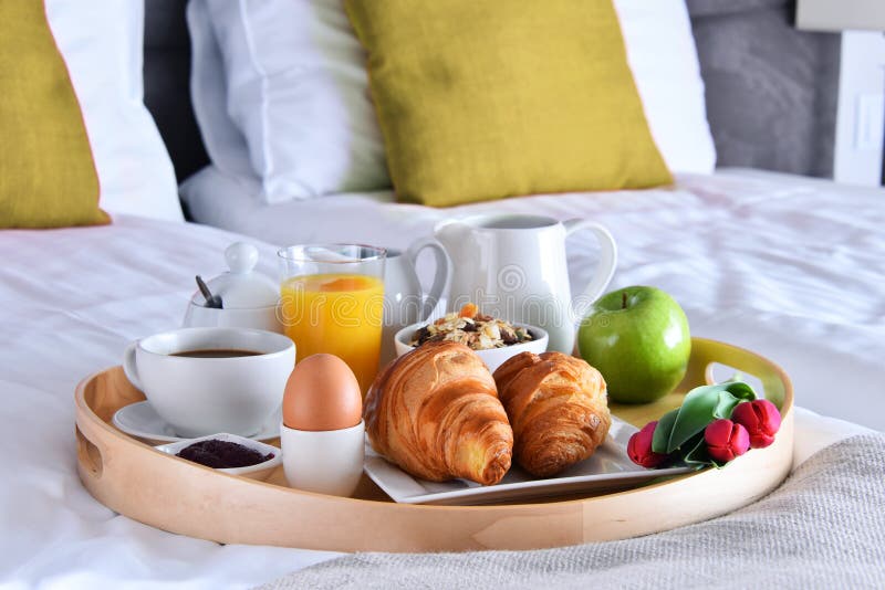 Breakfast on Tray in Bed in Hotel Room Stock Image - Image of apple ...