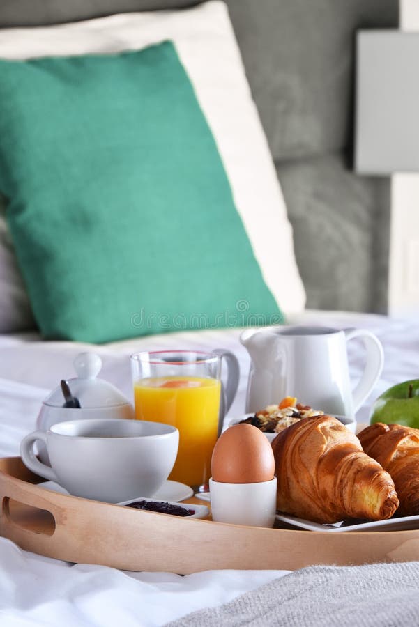 Breakfast on Tray in Bed in Hotel Room Stock Image - Image of bread ...