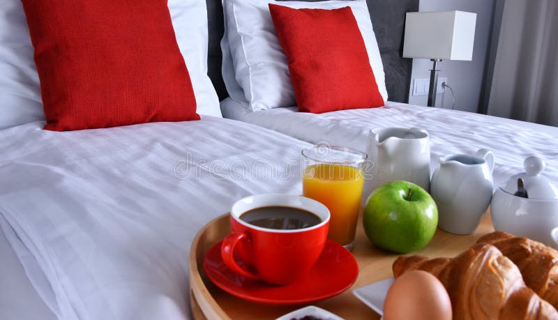 Breakfast on Tray in Bed in Hotel Room Stock Photo - Image of fruit ...