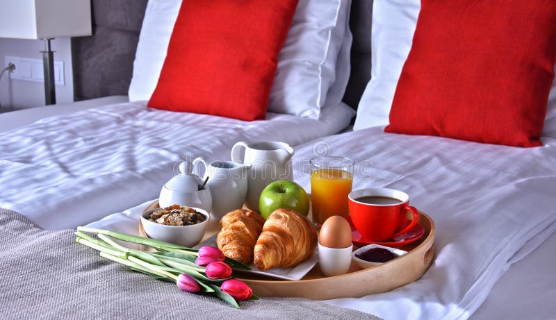 Breakfast on Tray in Bed in Hotel Room Stock Photo - Image of eating ...