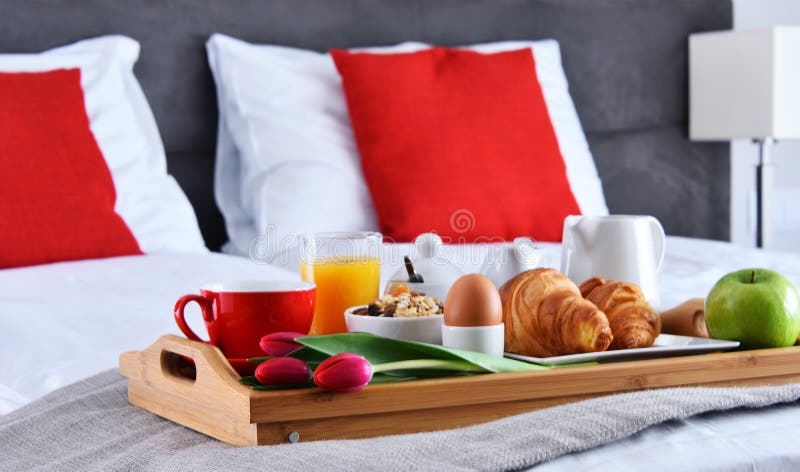 Breakfast on Tray in Bed in Hotel Room Stock Image - Image of journey ...