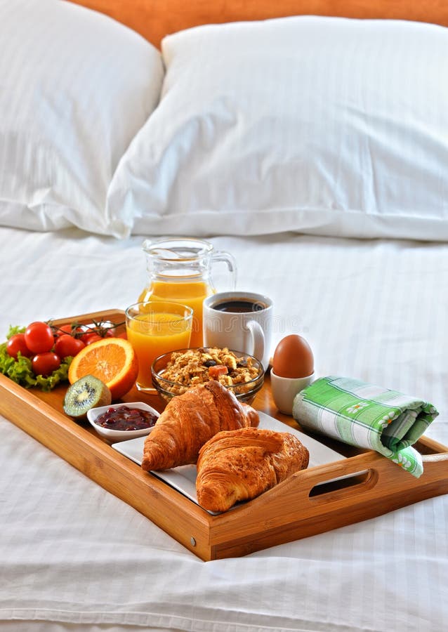 Breakfast Tray in Bed in Hotel Room Stock Photo - Image of rest, eating ...