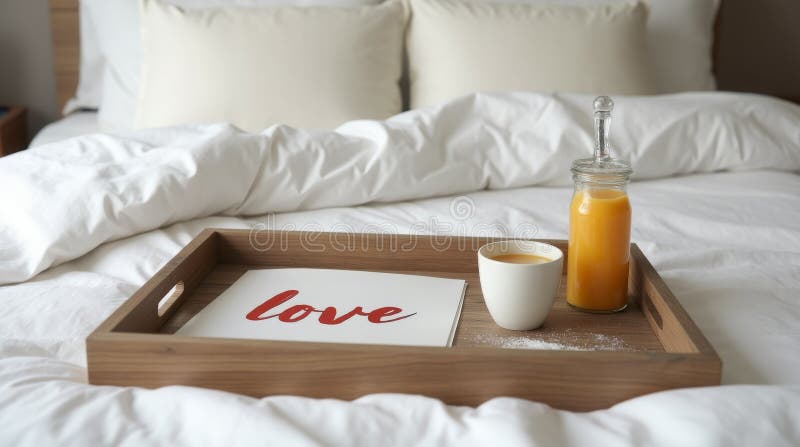Breakfast Tray with Coffee, Juice, and a Love Note on a Cozy Bed Stock ...