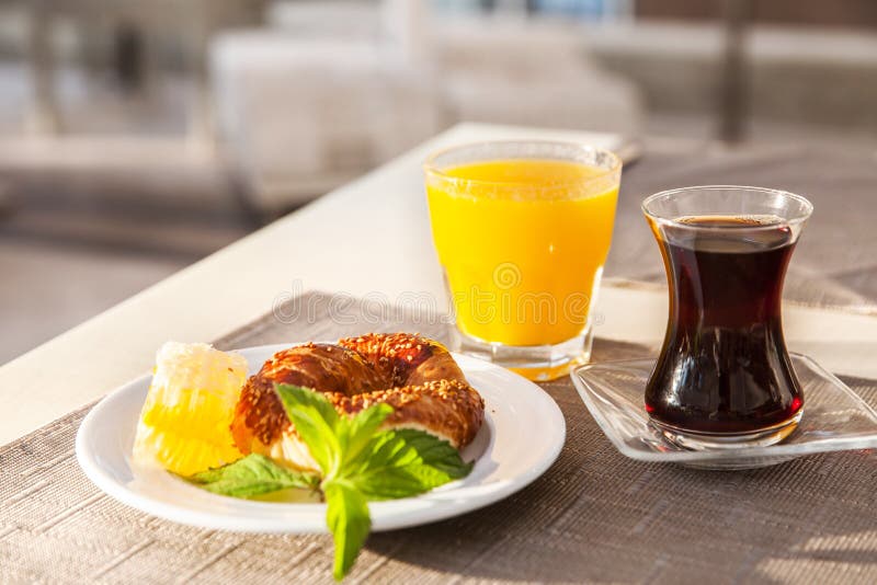 Breakfast with Turkish Tea and Fresh Orange Juice Stock Image - Image ...