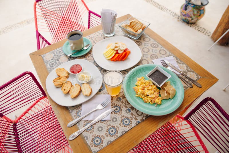 Breakfast for Two in the Hotel with Eggs, Toast and Fruit Stock Image ...