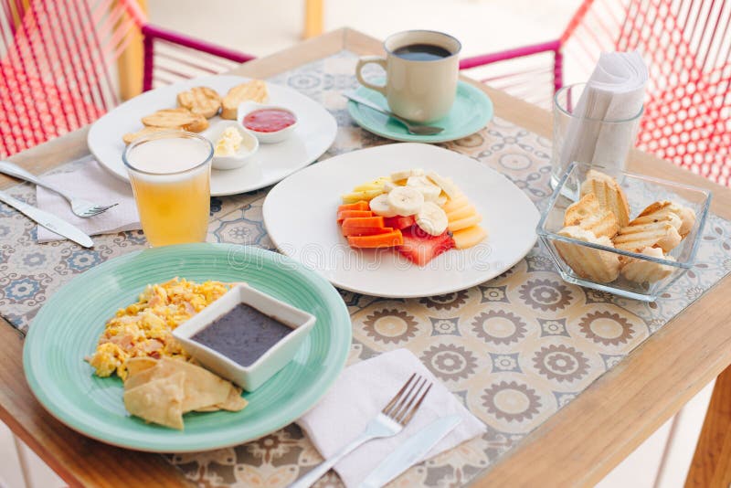 Breakfast for Two in the Hotel with Eggs, Toast and Fruit Stock Photo ...