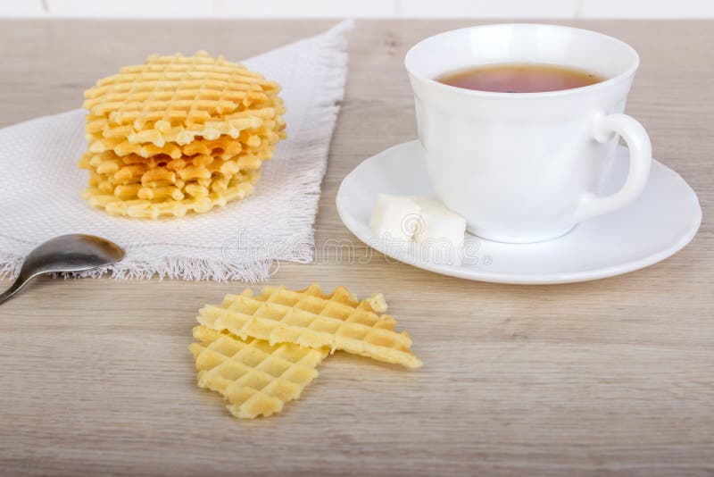 Breakfast with Waffles Stack on Napkin and Pieces of Waffle with White ...