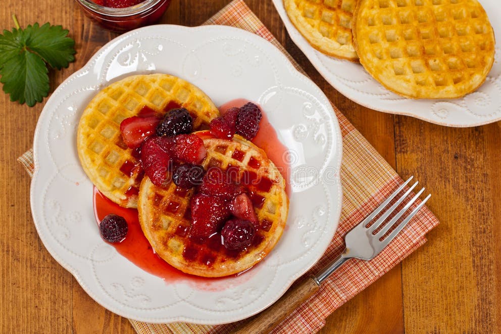 Breakfast Waffles with Strawberry Syrup Stock Photo - Image of ...