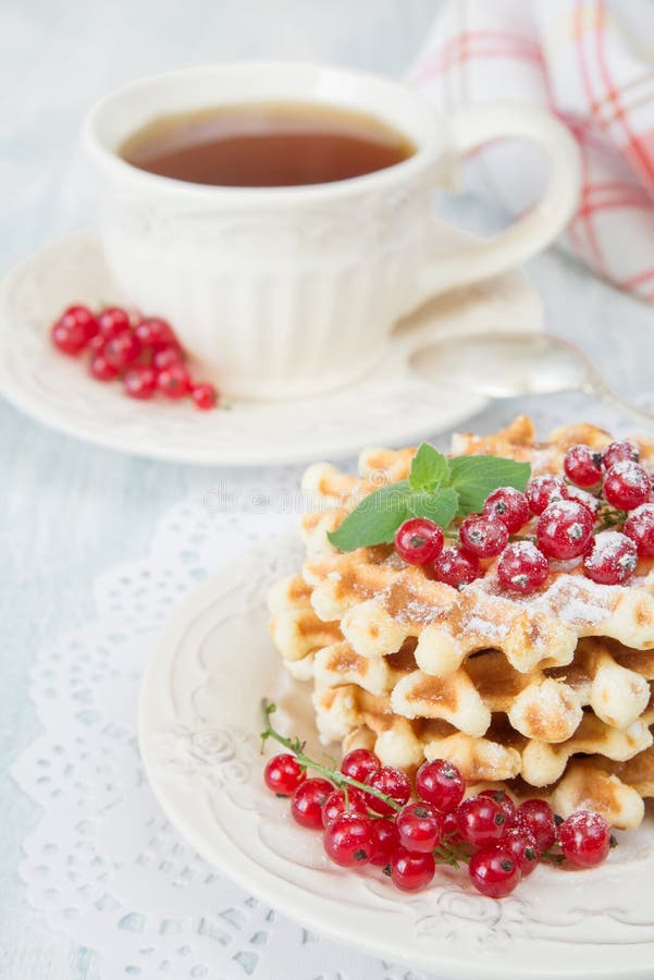 Breakfast with Waffles and Tea Stock Image - Image of stuffing, faience ...