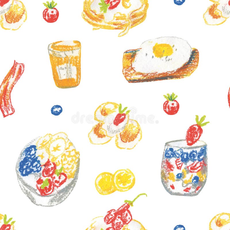 Breakfast Wax Crayons Seamless Pattern on White Insulated Background. Textural and Food ...