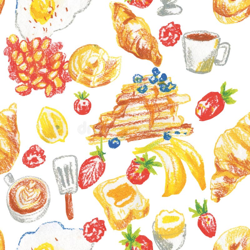 Breakfast Wax Crayons Seamless Pattern on White Insulated Background ...