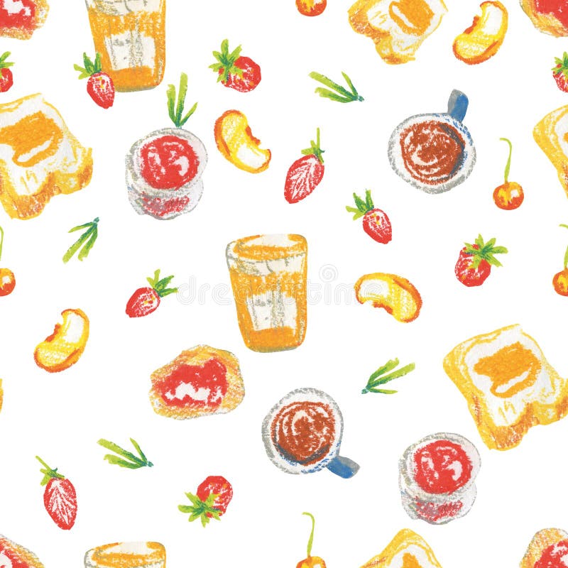 Breakfast Wax Crayons Seamless Pattern on White Insulated Background. Textural and Food ...