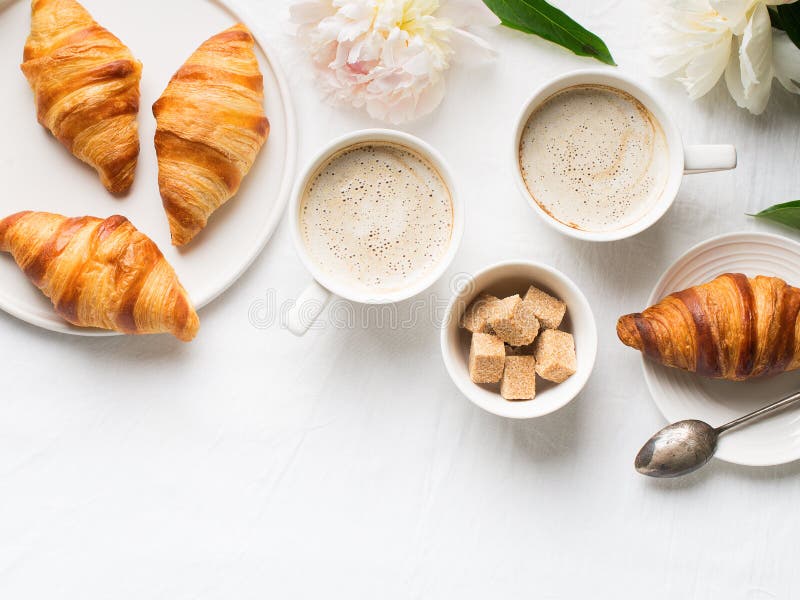 Breakfast on White Flat Lay with Coffee and Croissants Stock Photo ...