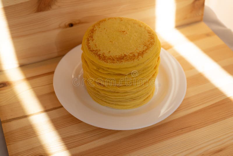 High Stack of Home-made Pancakes on White Plate Stock Image - Image of ...