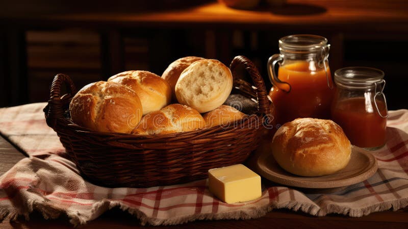 Breakfast Wooden Table Bread Stock Illustration - Illustration of rolls ...